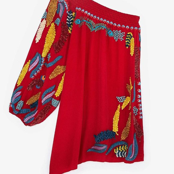 FARM Rio | Dresses | Farm Rio Embroidered Silk One Shoulder Mini Dress ...